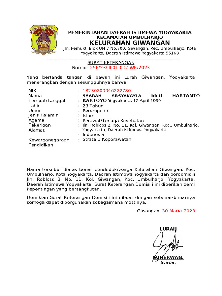 Surat Keterangan Domisili Usaha Yogyakarta | PDF