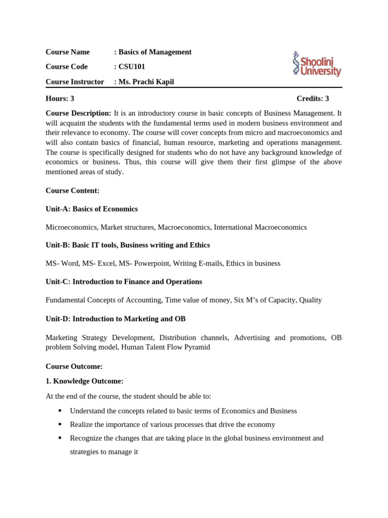 Basics of Management - Course Outline and Lecture Schedule | PDF ...