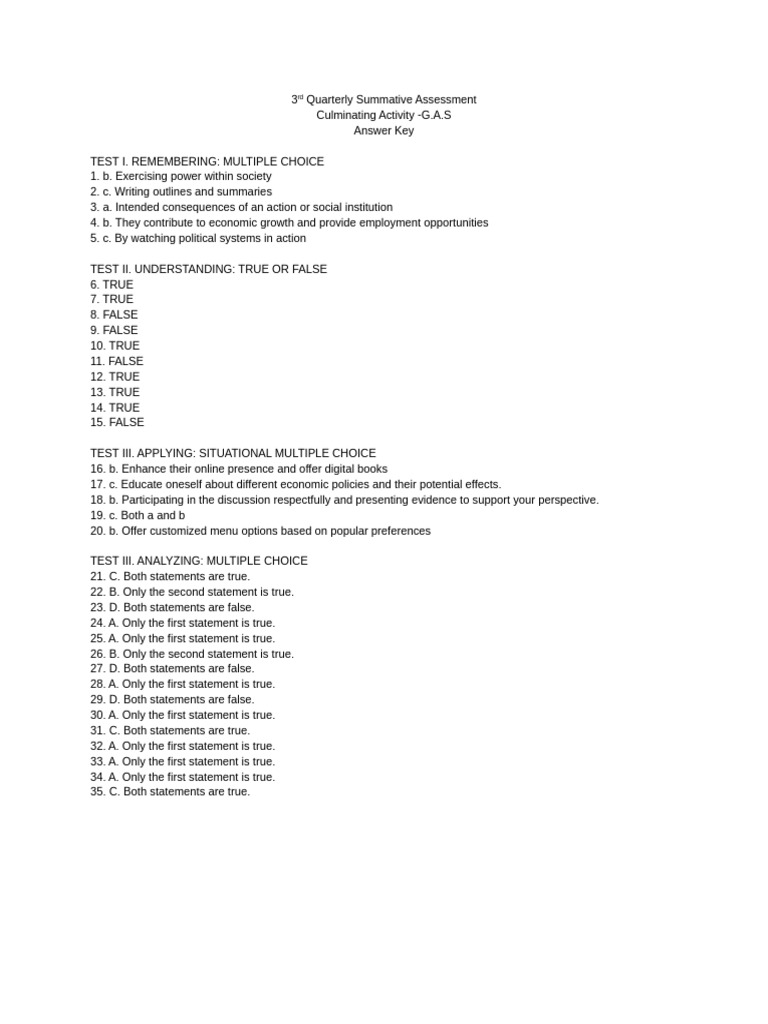 3rd Quarterly Assessment Answer Key | PDF