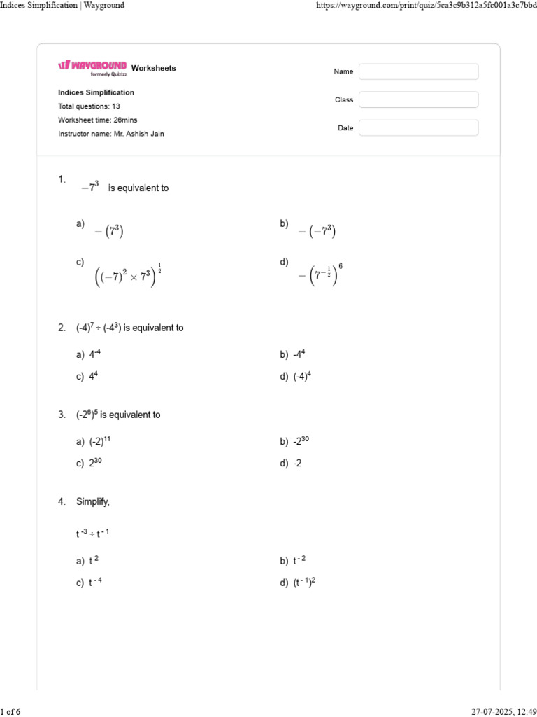 Indices Simplification - Wayground | PDF | Chess | Chess Theory