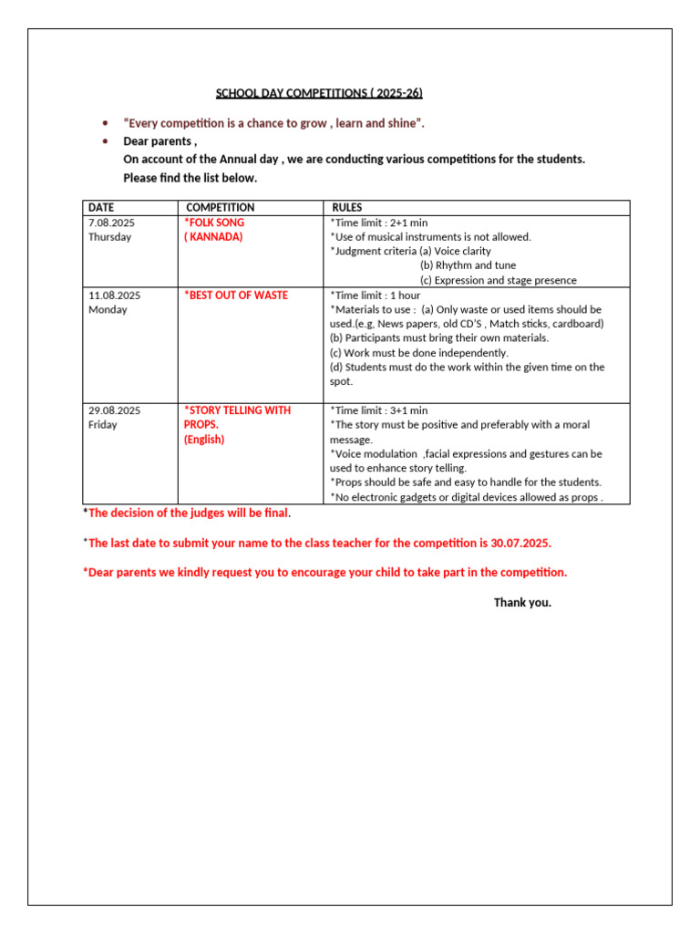 School Day Competition List (Class 1 To 3 - 2025-26) | PDF