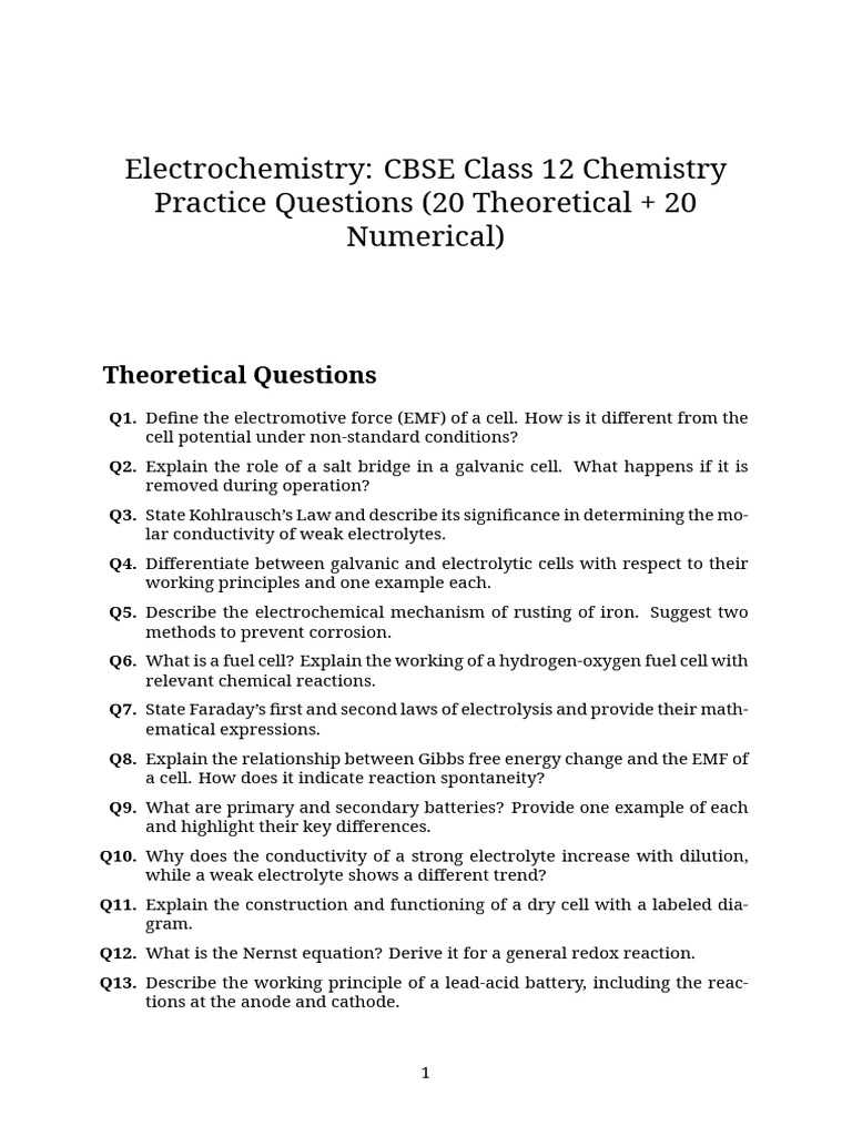 Electochemistry - Theory+Numericals Mixed | PDF | Electrochemistry | Physical Chemistry