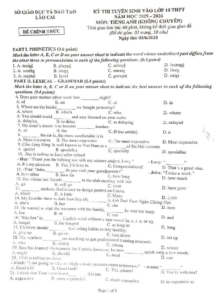 De Thi Tuyen Sinh Lop 10 Mon Tieng Anh Nam 2025 2026 So GDDT Lao Cai | PDF