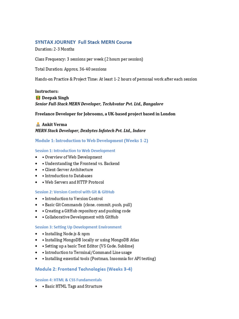 Full MERN Stack Course Syllabus SYNTAX JOURNEY | PDF | Document Object Model | Java Script