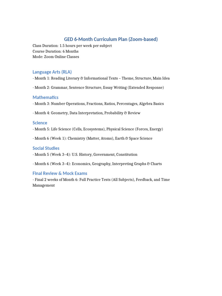 GED 6 Month Curriculum Plan | PDF
