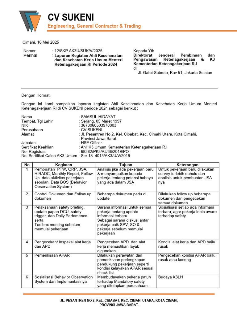 Laporan Kegiatan Ahli K3 Umum 2024-2025 | PDF