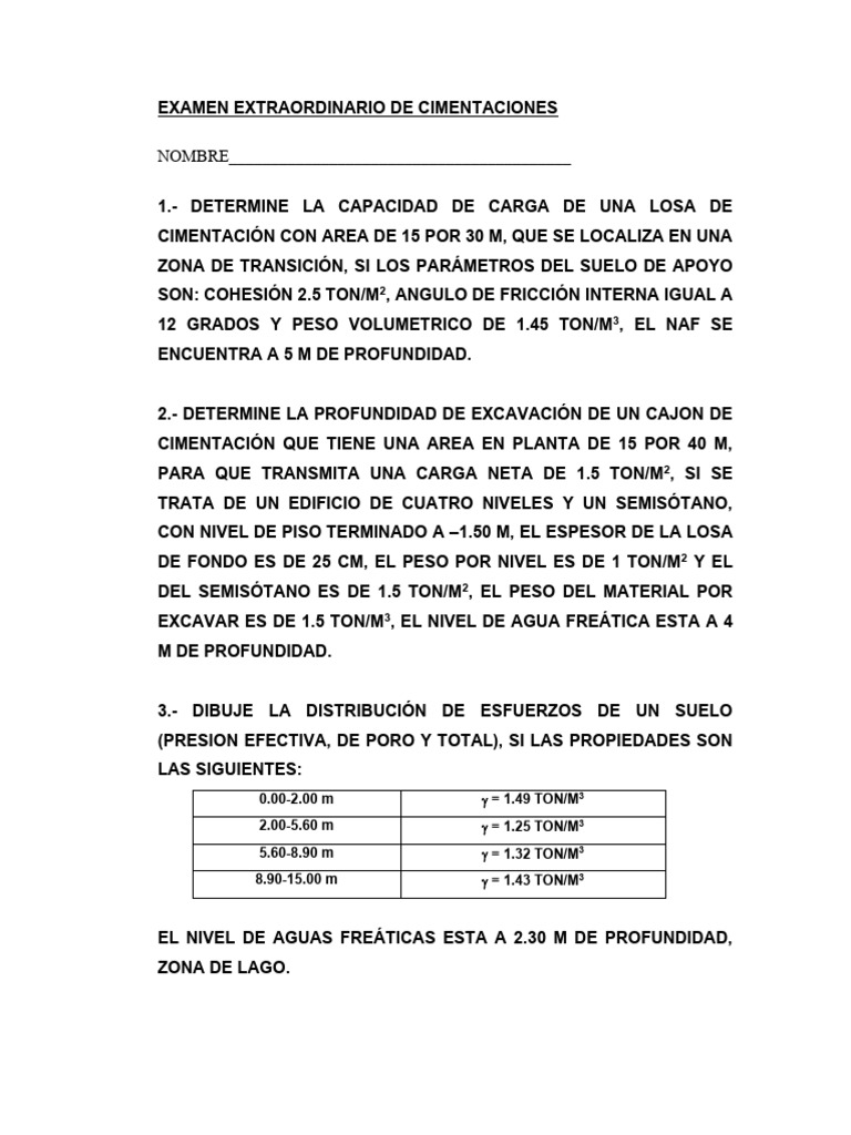 Examen Extraordinario de Cimentaciones 20-06-2025 | PDF | Fundación (Ingeniería) | Ingeniería de ...