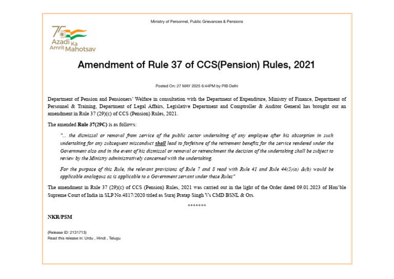 Amendment to CCS Pension Rule 37, 2025 | PDF
