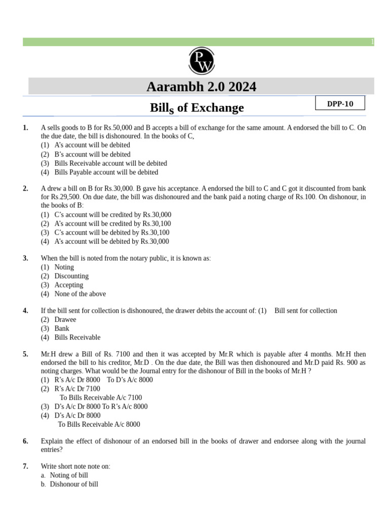 Bills of Exchange - DPP 10 (Of Lec 11) - (Aarambh 2.0 2024) | PDF | Negotiable Instrument
