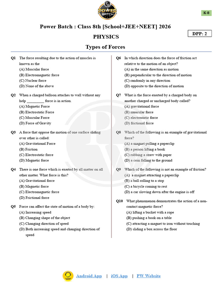 Force and Pressure DPP 02 | PDF | Force | Friction