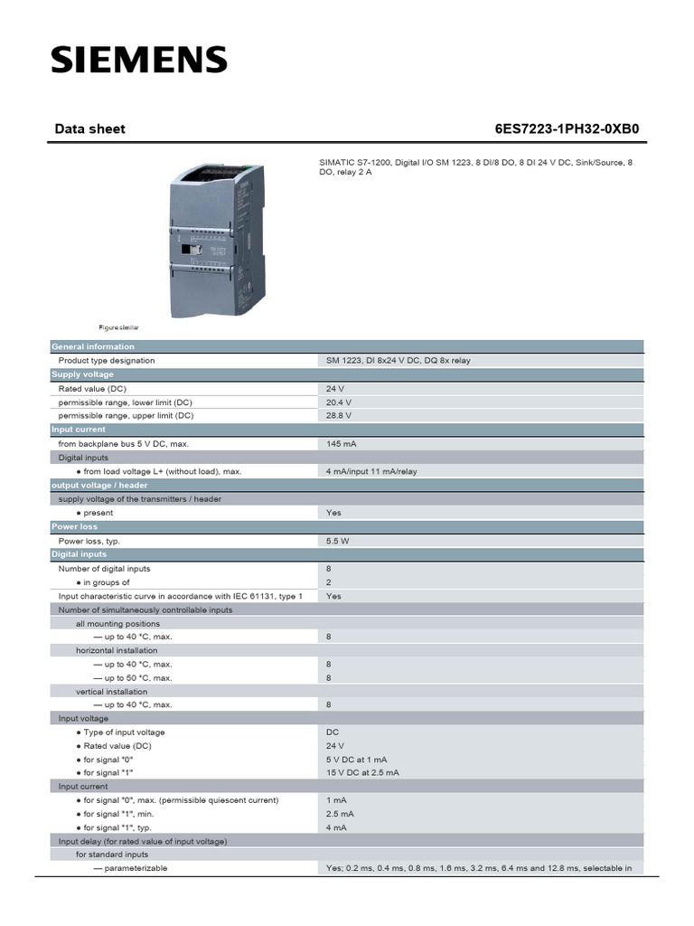 SM 1223 Digital I/O Module Data Sheet | PDF | Relay | Alternating Current