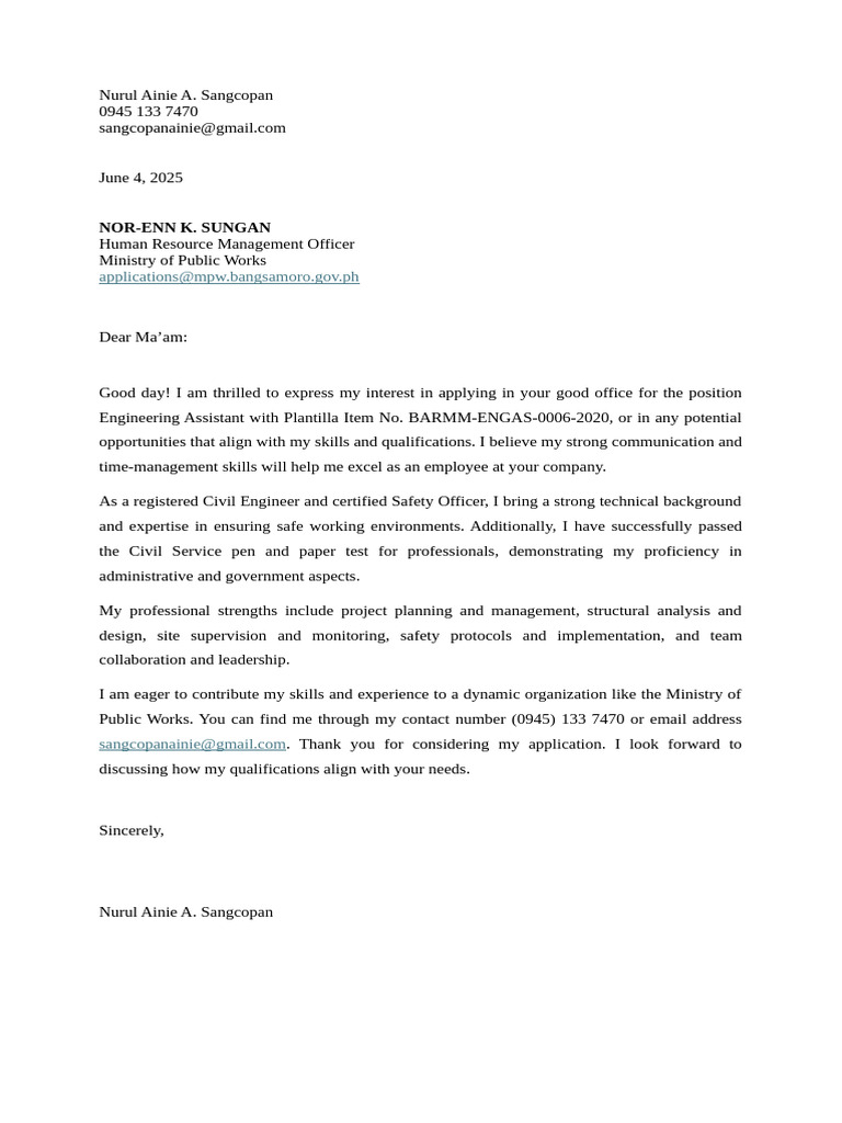 Application Letter - MPW BARMM (Eng'g Assistant) | PDF