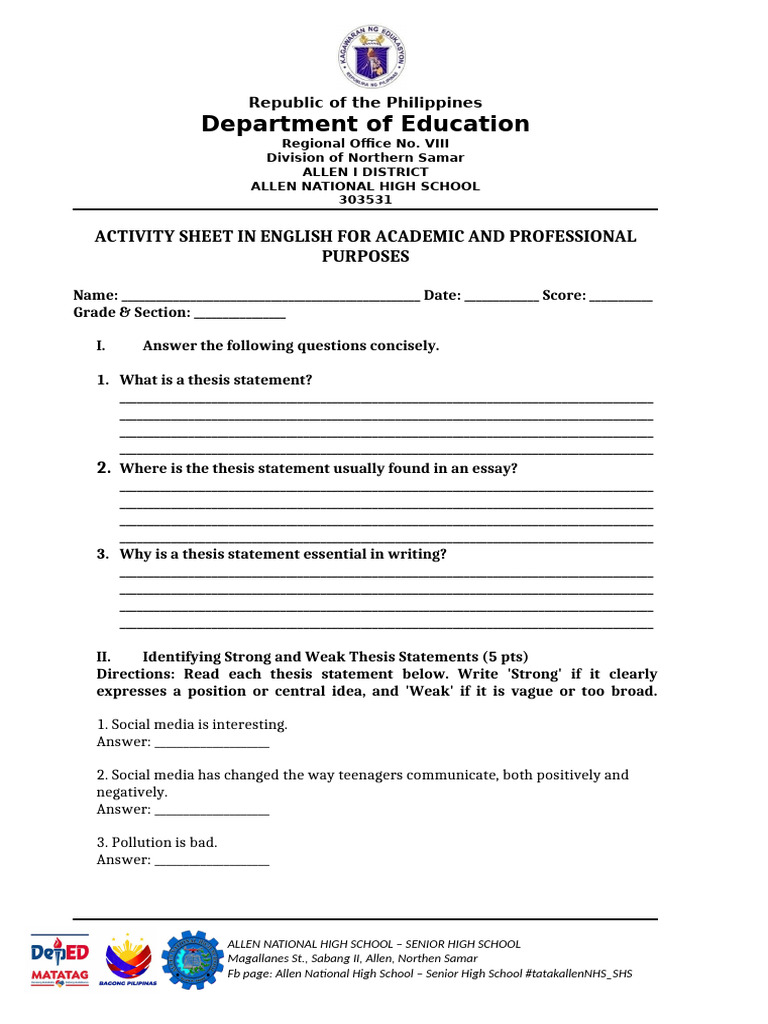 ACTIVITY SHEET Thesis Statement | PDF | Thesis