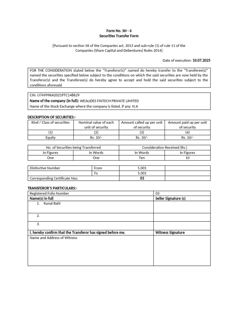 Form SH 4 Securites Transfer Form Kunal Equity | PDF | Securities ...