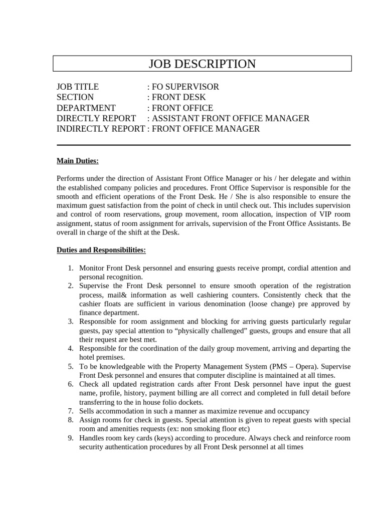 Front Office Supervisor Job Description | PDF
