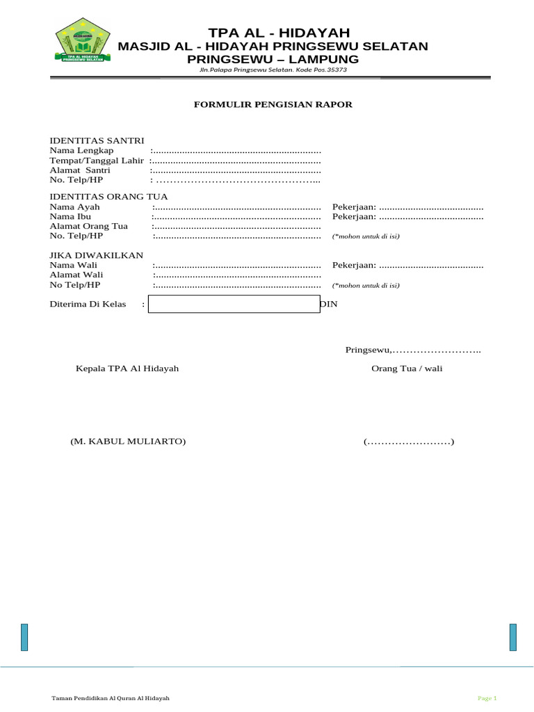 Formulir Pengisian Rapor | PDF
