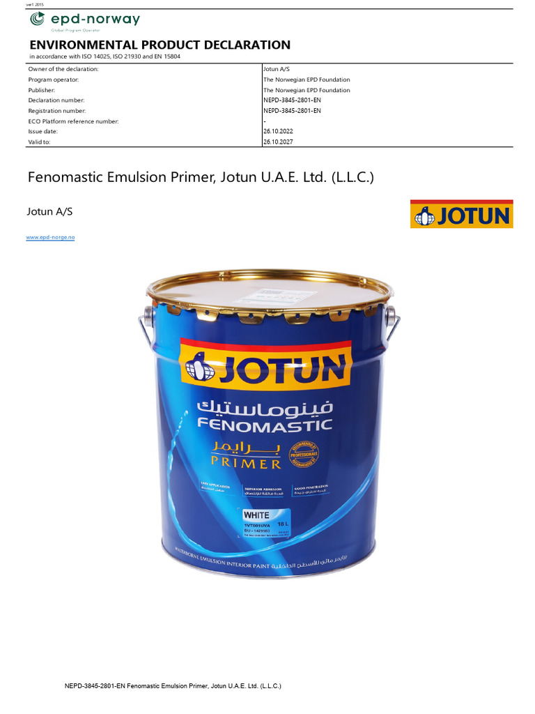 NEPD 3845 2801 Fenomastic Emulsion Primer Jotun UAE LTD LLC | PDF ...
