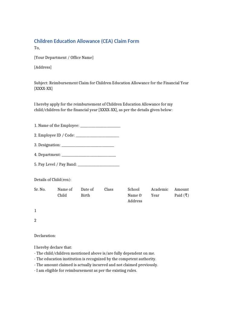 CEA Claim Form for Reimbursement | PDF