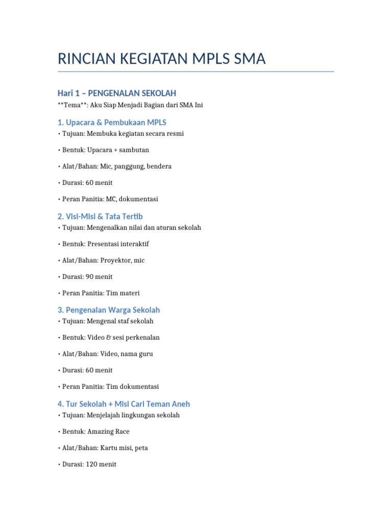 Rincian Kegiatan MPLS SMA 2 | PDF