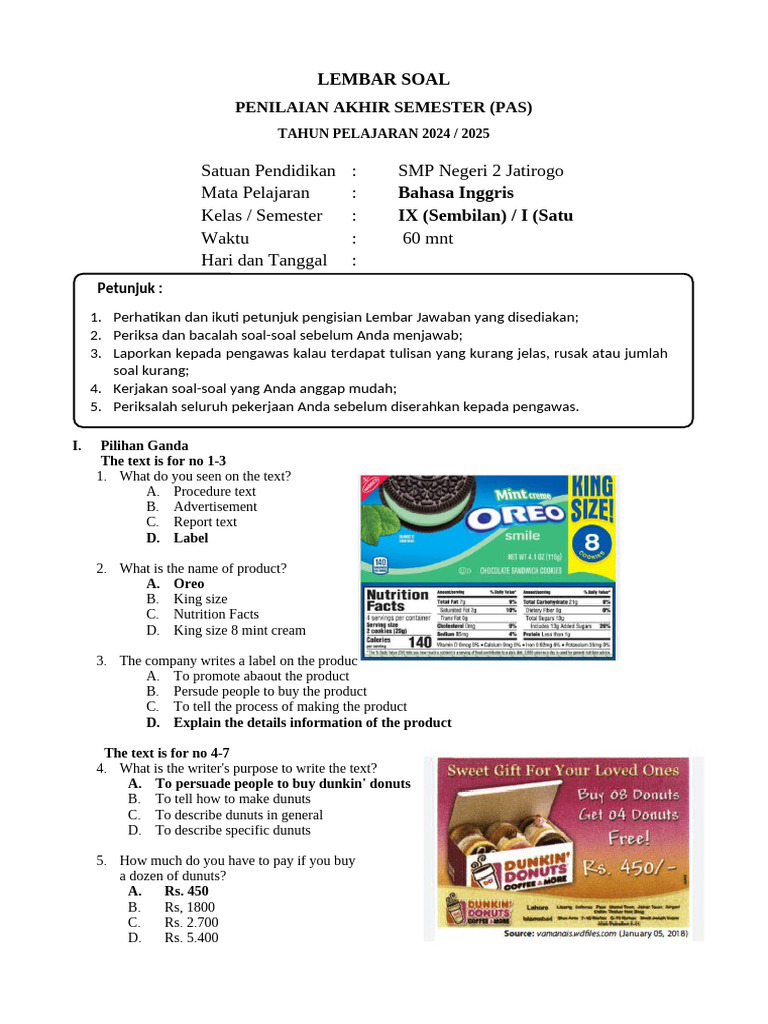 Lembar Soal Pat SMT 2 TP 2425 | PDF | Taste | Menu