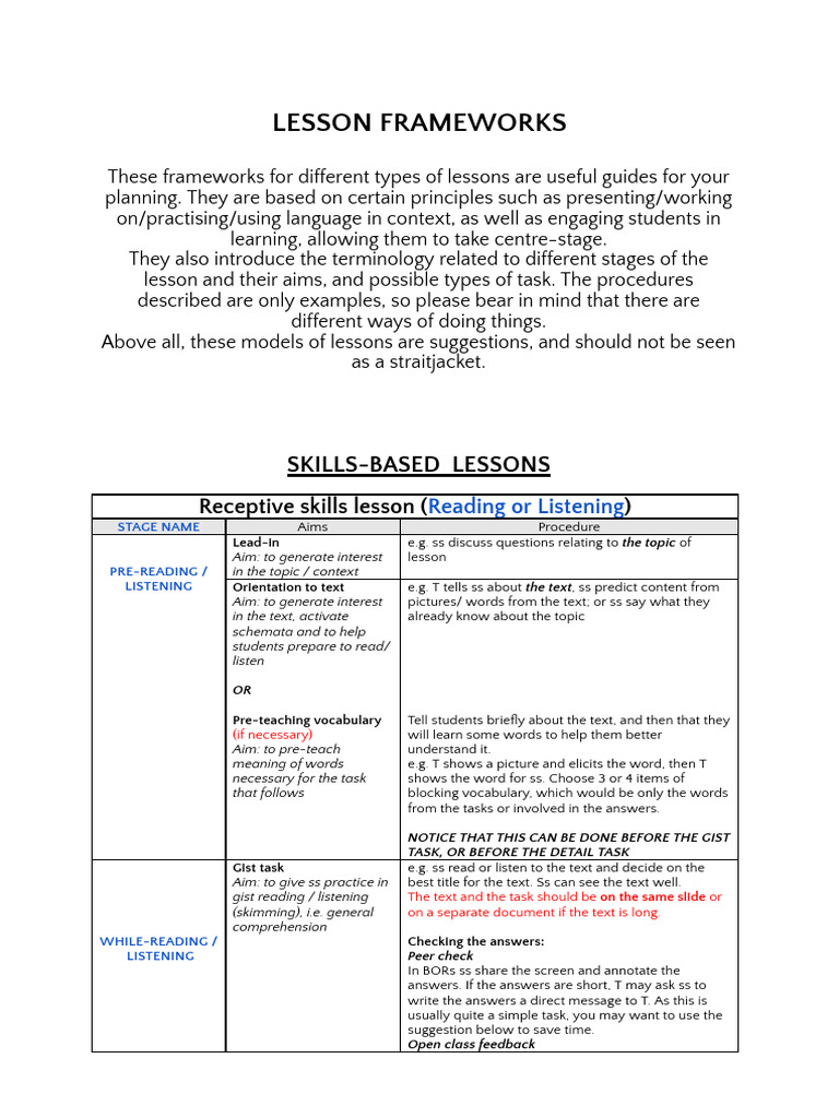 Lesson Frameworks | PDF | Vocabulary | Reading Comprehension