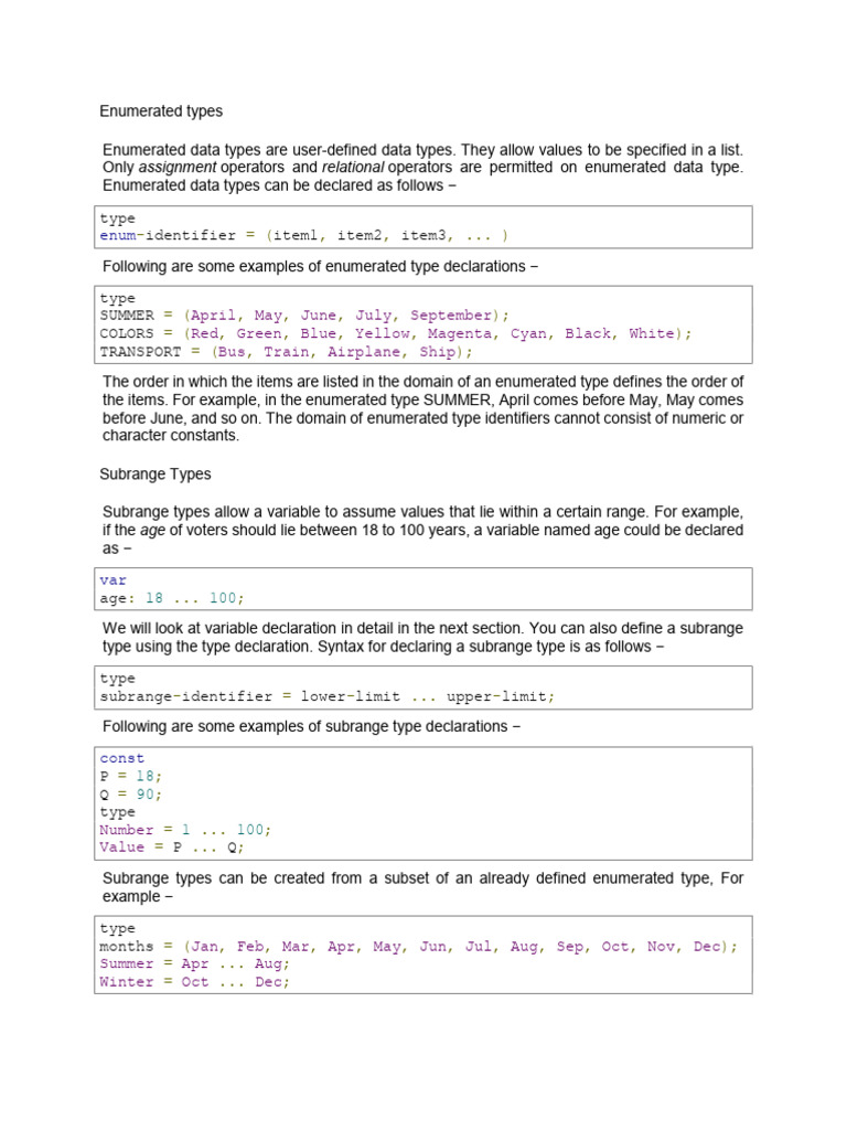 Enumerated and Sub Range Types | PDF