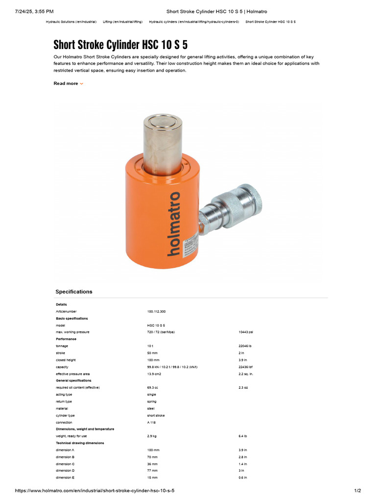 Short Stroke Cylinder HSC 10 S 5 - Holmatro | PDF | Mechanical Engineering