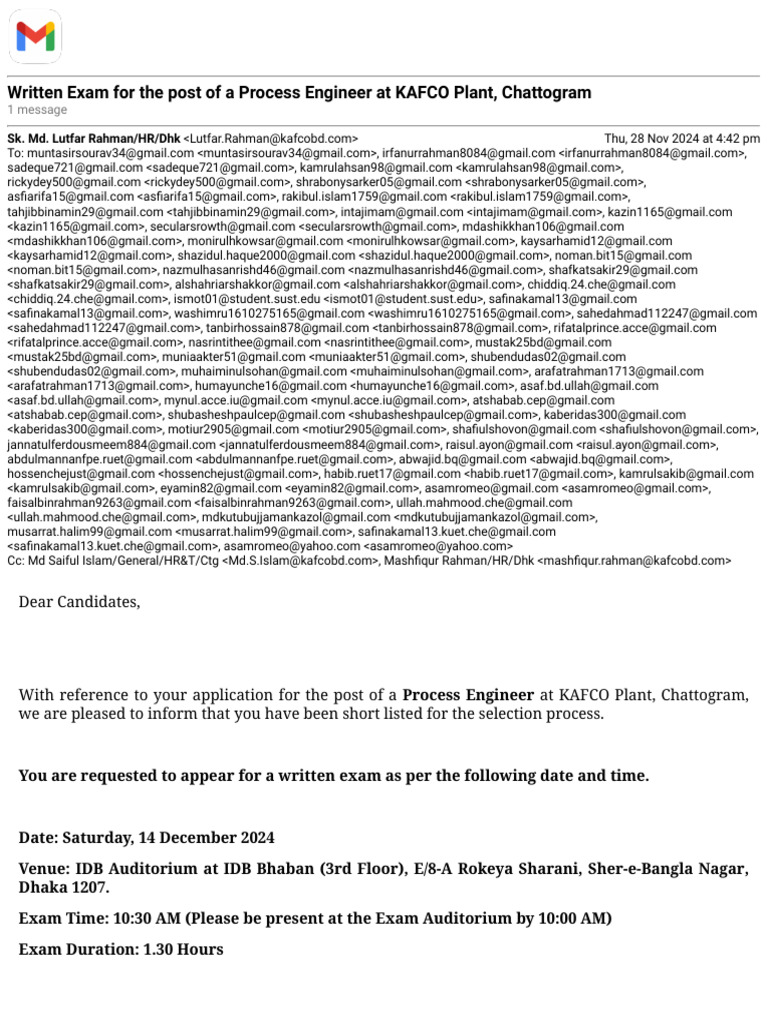 Gmail - Written Exam For The Post of A Process Engineer at KAFCO Plant, Chattogram | PDF