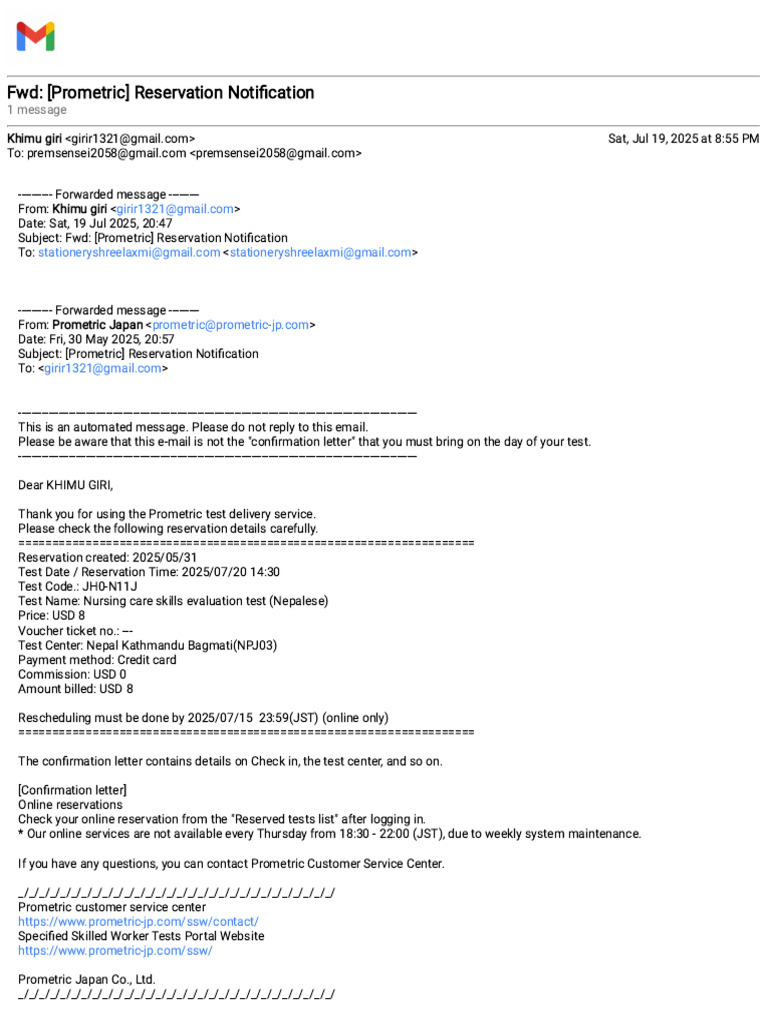 Gmail - FWD - (Prometric) Reservation Notification | PDF