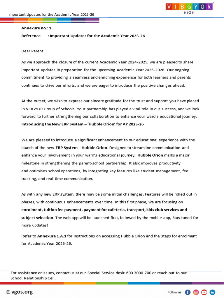 Annexure 1 Important Updates For Academic Year 2025 26 - Grade 7 Going ...