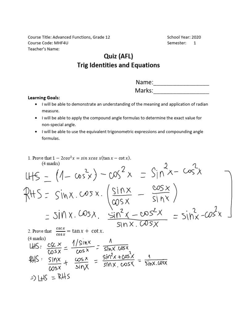 Trigonometric Identities Quiz | PDF