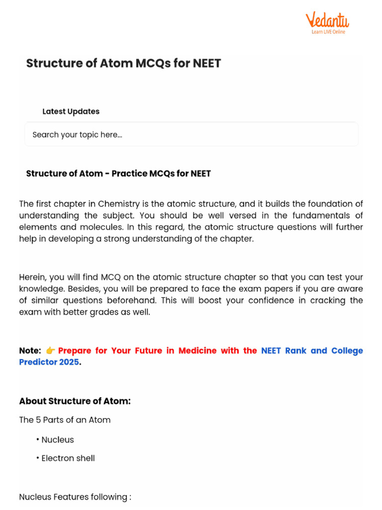 Structure of Atom MCQs For NEET | PDF