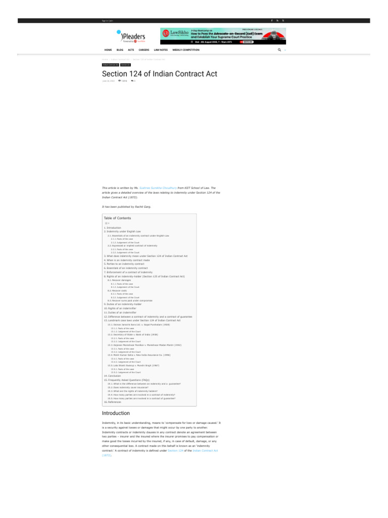 Blog Ipleaders in Section 124 of Indian Contract Act | PDF | Guarantee | Indemnity