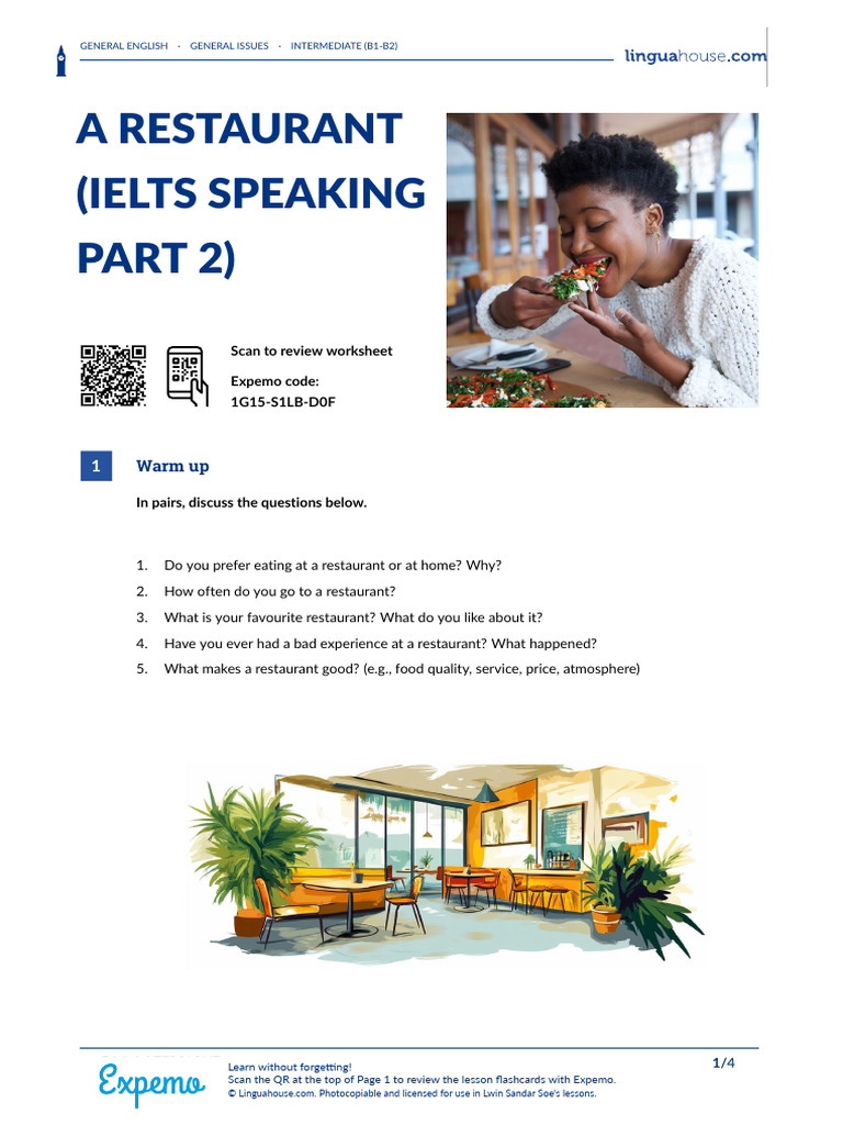 Lesson 10. A Restaurant (IELTS Speaking Part 2) | PDF
