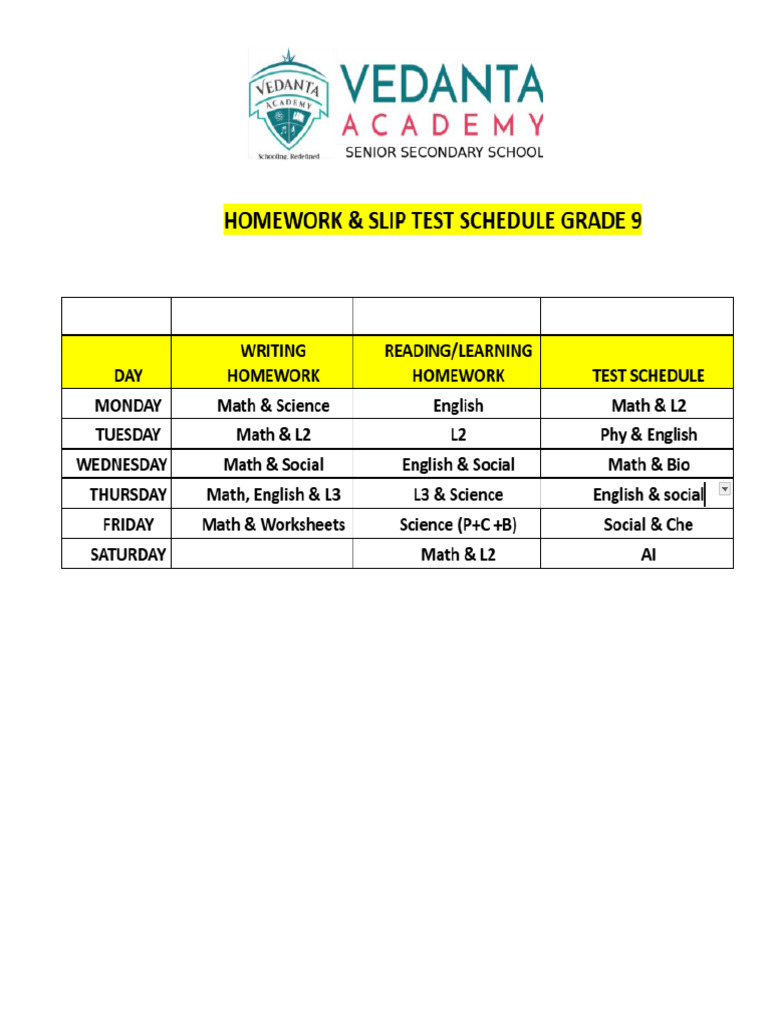 Grade 9 HW Slip Test Schedule | PDF