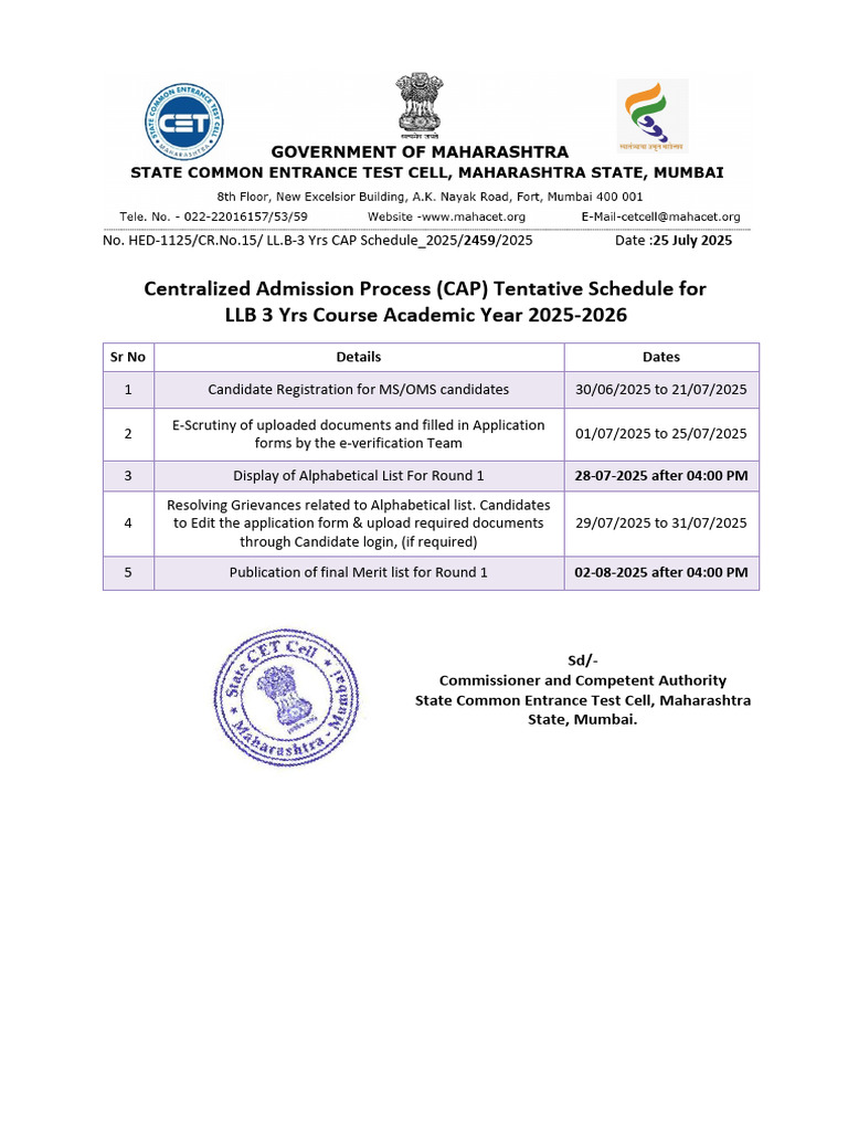 LLB 3-Year CAP Schedule 2025-26 | PDF