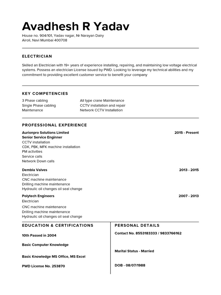 Experienced Electrician with PWD License | PDF