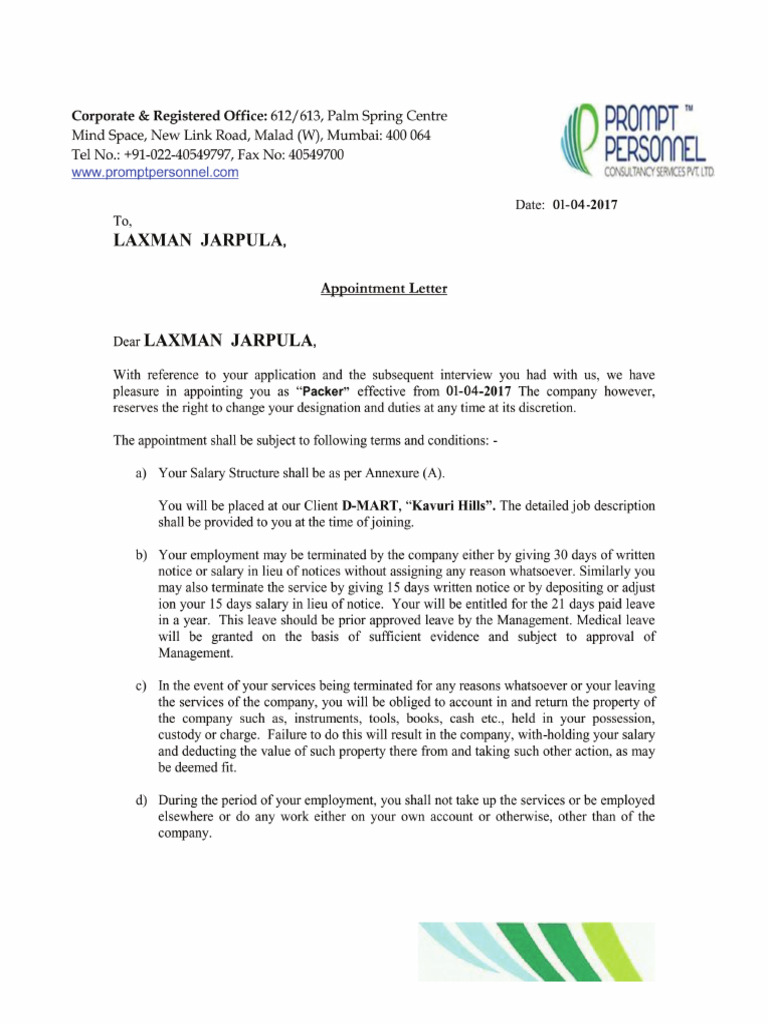 Appointment Letters R22090666 Laxman | PDF