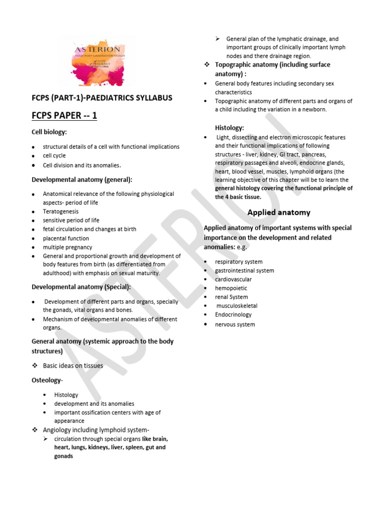 Paper 1 Syllabus (Fcps Paediatrics) | PDF | Human Body | Anatomy