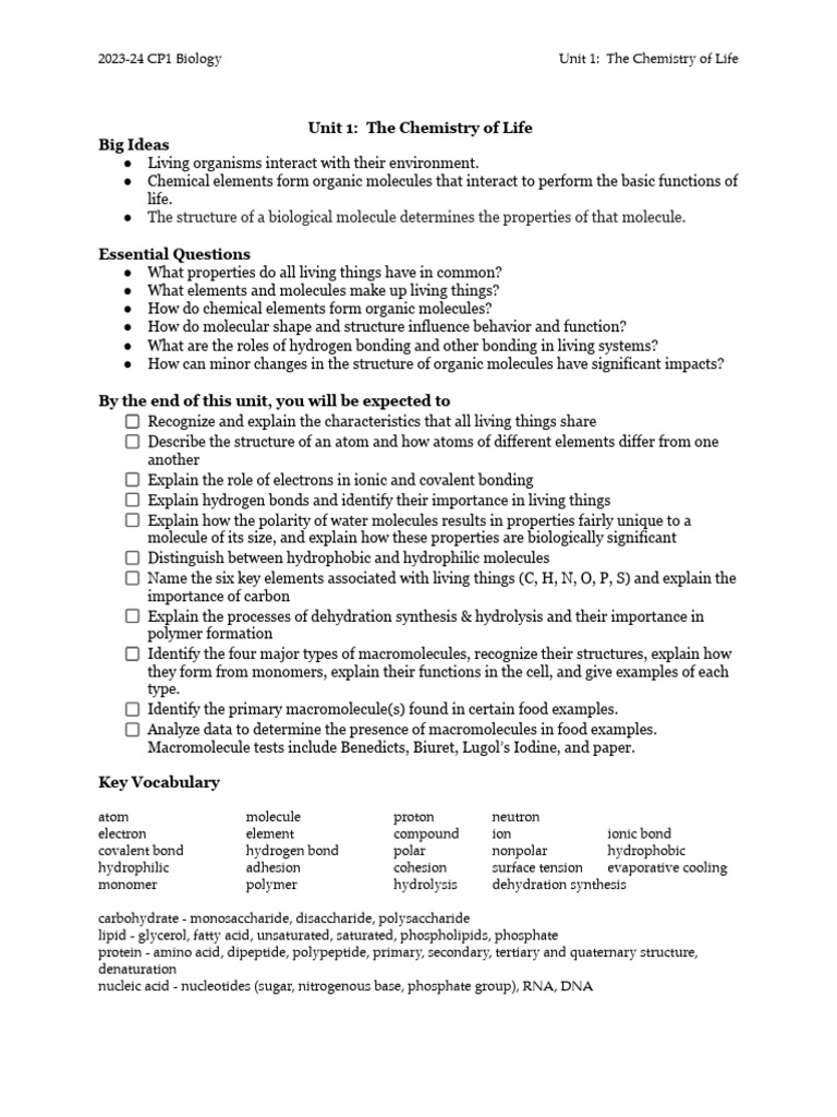 Unit 1 - The Chemistry of Life | PDF | Biochemistry | Chemistry
