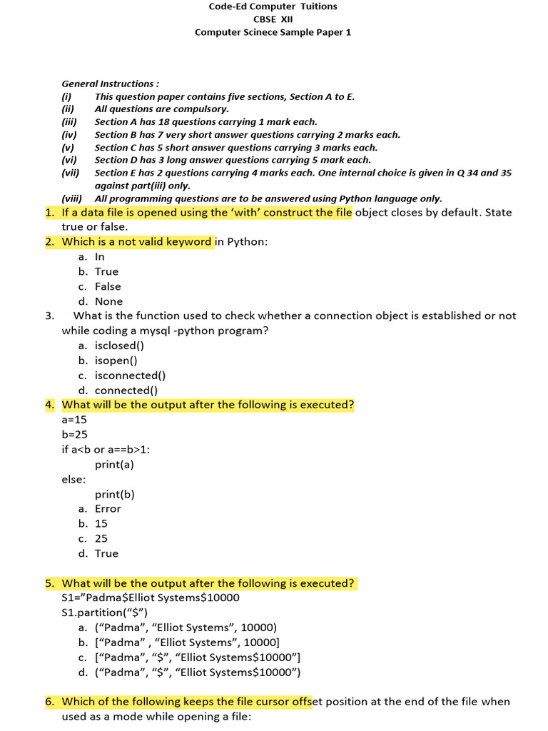 CBSE XII Computer Science Sample Paper | PDF | Data Type | Computer Network