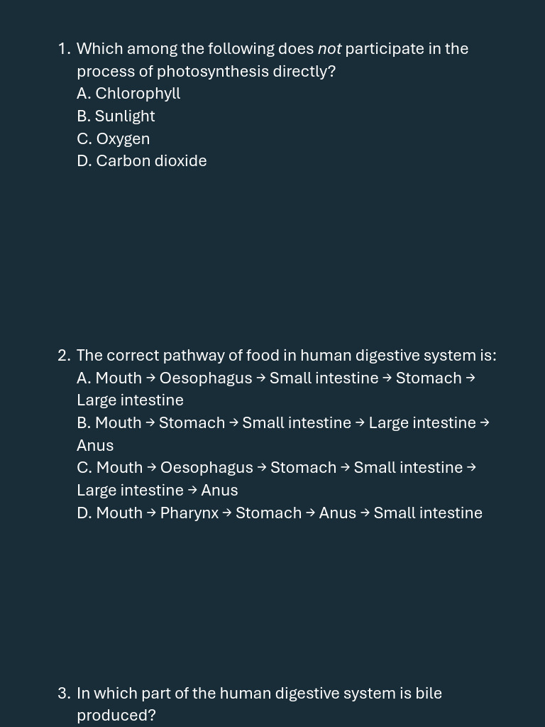 Biology Quiz: Photosynthesis & Digestion | PDF | Digestion | Kidney