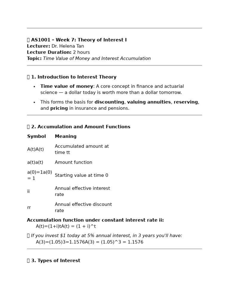 AS1001 Actuarial Science - Week Seven | PDF | Present Value | Compound Interest