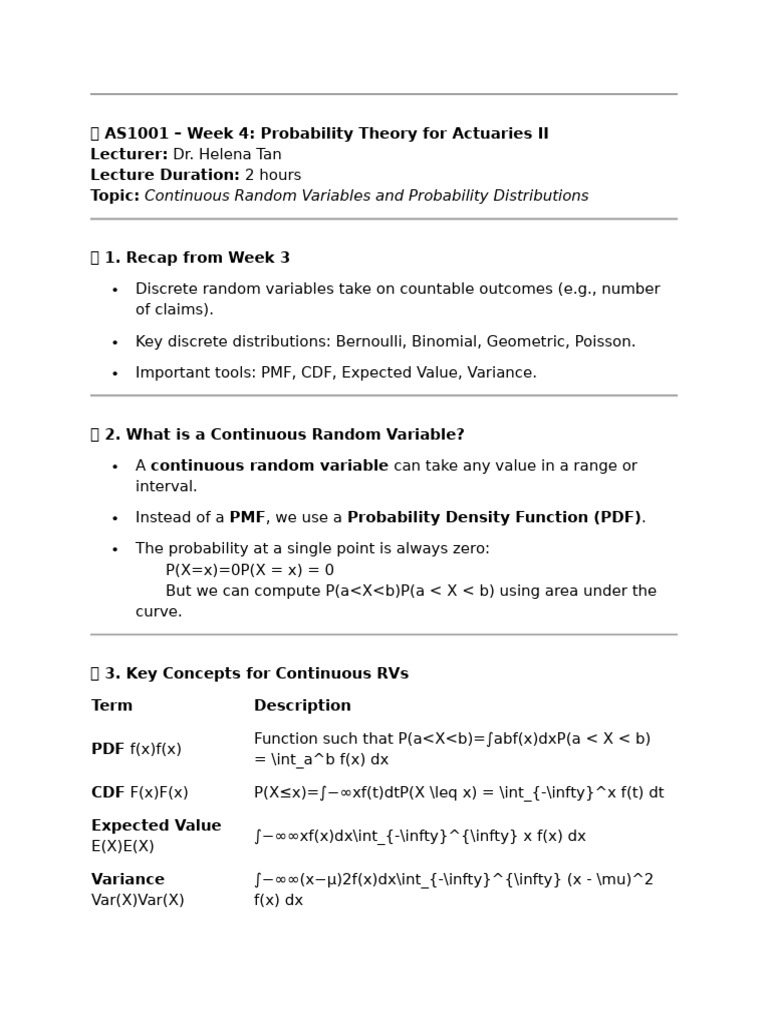 Continuous Random Variables in Actuarial Science | PDF | Probability ...