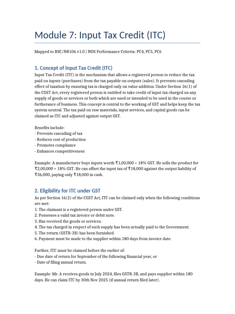 Module7 Input Tax Credit 10hour Note With Worksheet | PDF | Taxes ...