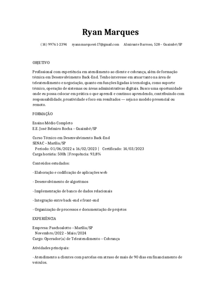 Curriculo Ryan Estilo Modelo | PDF