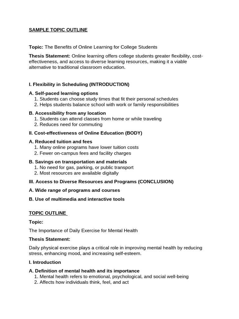 SAMPLE TOPIC OUTLINE and Sentence Outline | PDF | Educational ...