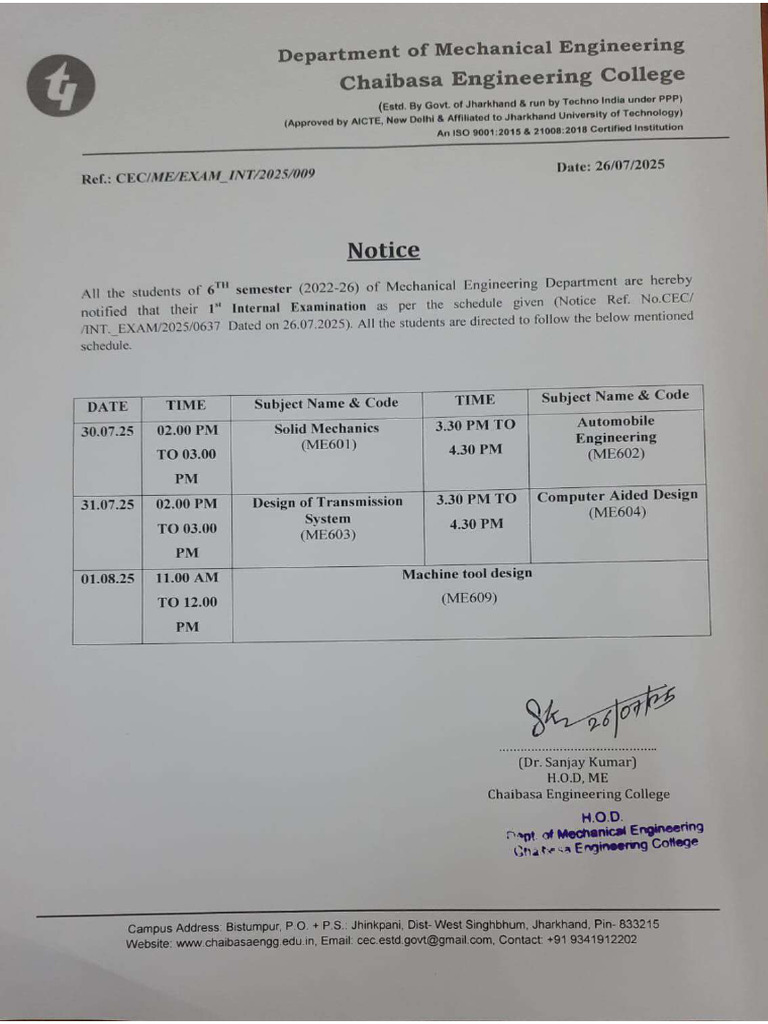 Me 6TH Sem Internal Notice - 1 | PDF