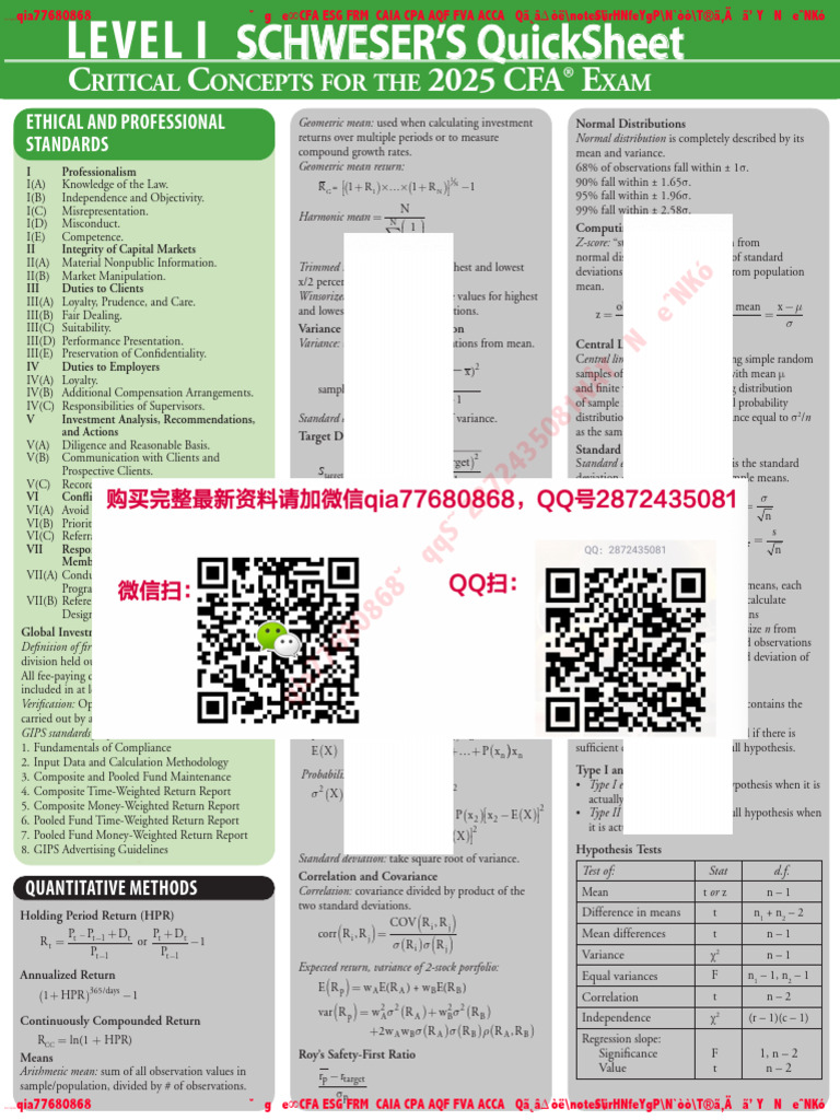 CFA Level I QuickSheet 2025 Guide | PDF | Standard Error | Variance