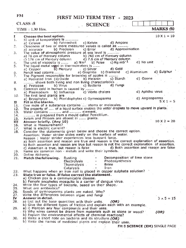 8th Science EM 1st Mid Term Exam 2023 Original Question Paper Madurai ...